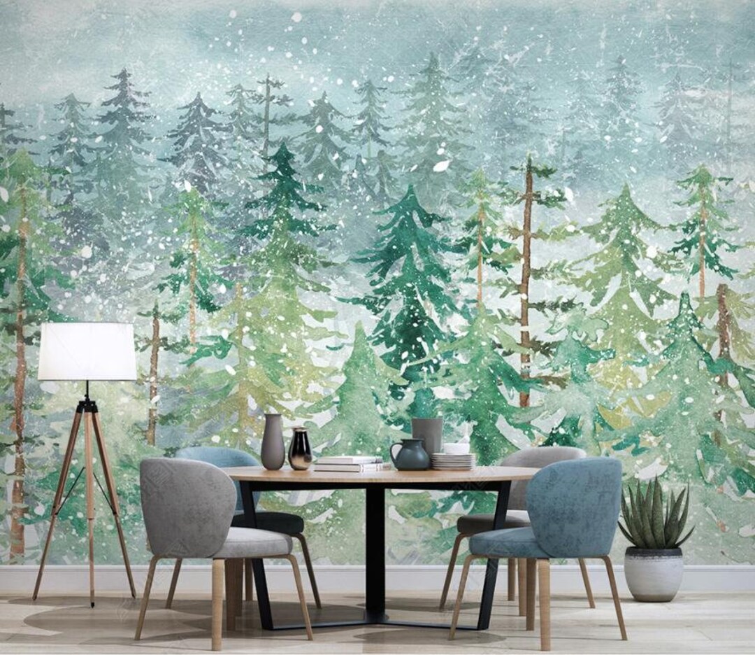 Watercolor Pine Trees Wallpaper Wall Mural, Shabby Pine Trees Nursery ...
