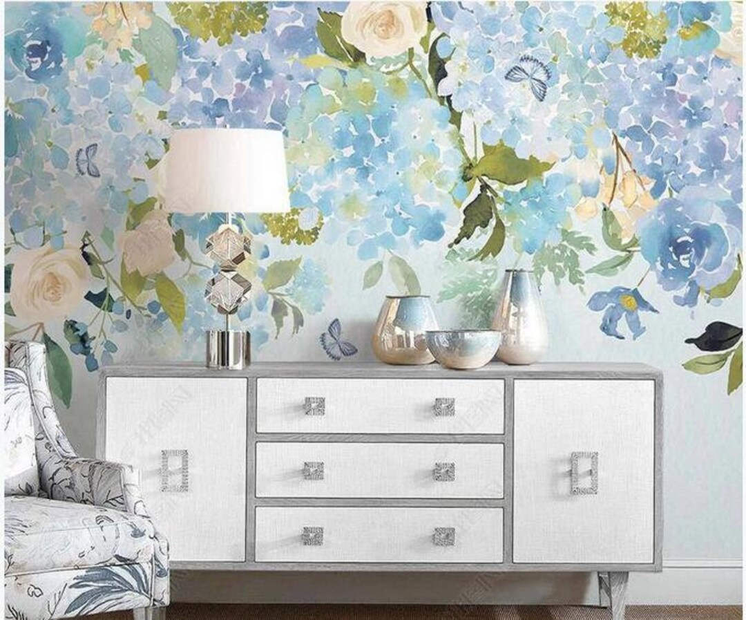 Watercolor Blue Flowers Floral Wallpaper Wall Mural, Blue Flowers ...