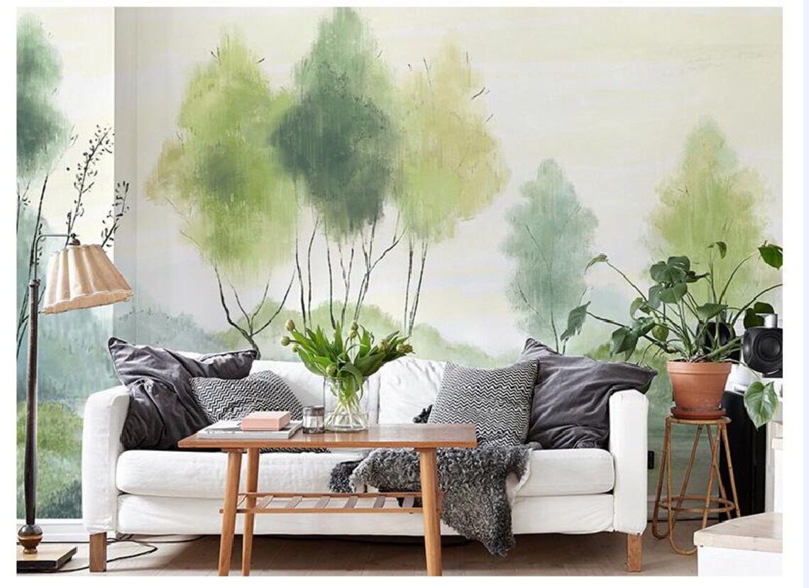 Oil Painting Green Trees Wallpaper Wall Murals Abstract Trees - Etsy
