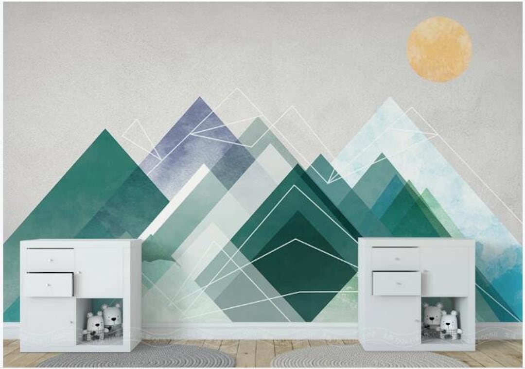 Modern Geometric Mountains Nursery Wallpaper Wall Mural, Geometric ...