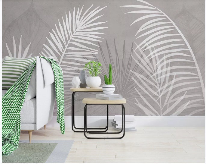 Grey Backgroud Tropical Palm Leaves Wallpaper Wall Mural - Etsy