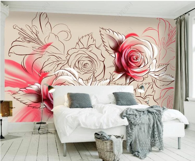 Red Roses Floral Wallpaper Wall Mural 3D Roses Floral Wall | Etsy