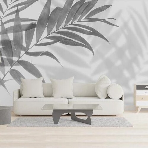 Grey Background Palm Leaves Wallpaper Wall Mural Palm Leaves - Etsy