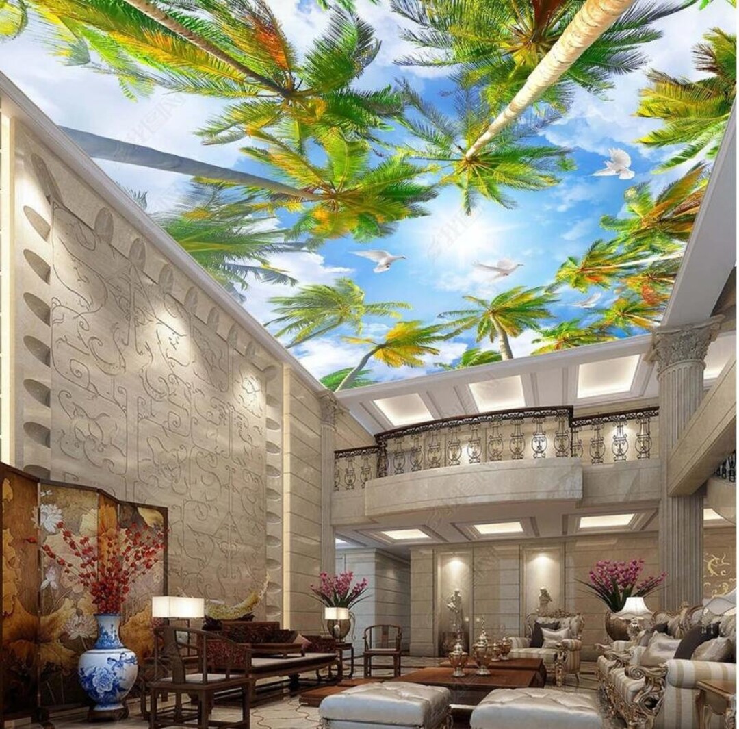 Hawaii Coconut Tree Ceiling Mural: Blue Sky & White Clouds - Etsy