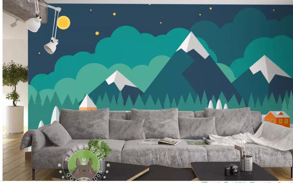 Hand Painted Geometric Green Mountains Wallpaper Wall Mural - Etsy