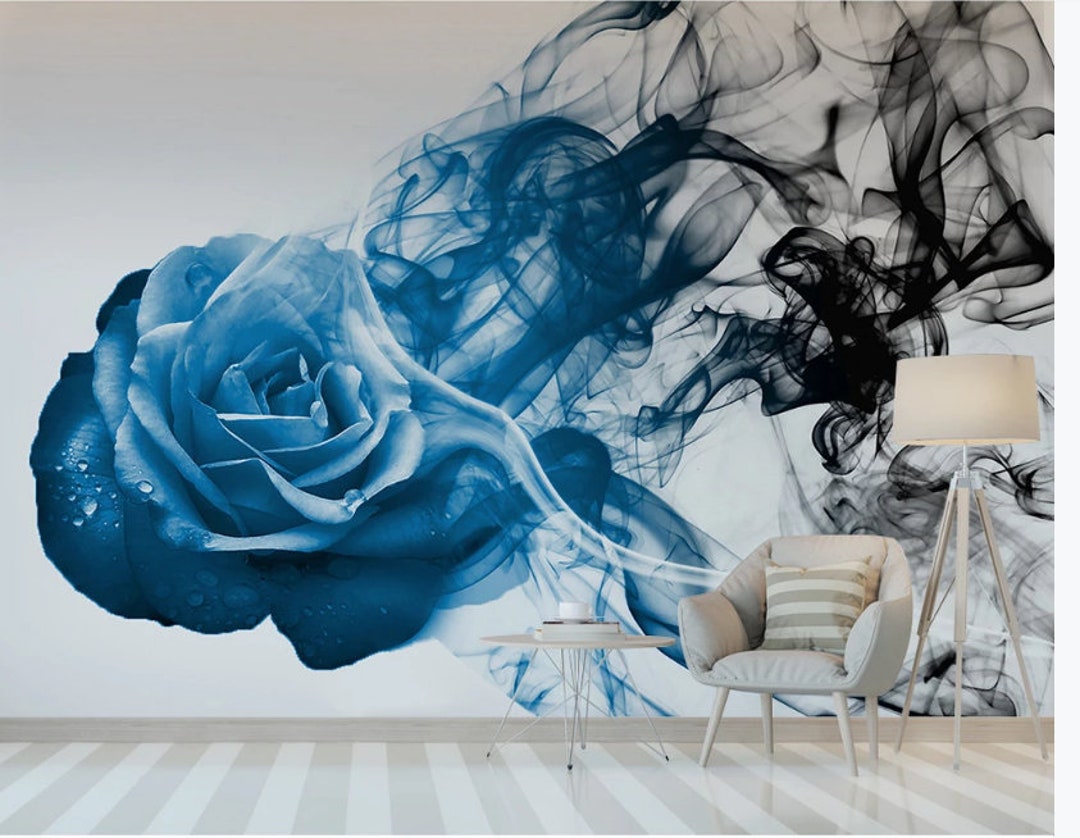 Abstract Blue Rose Wallpaper: Handpainted Floral Wall Mural - Etsy