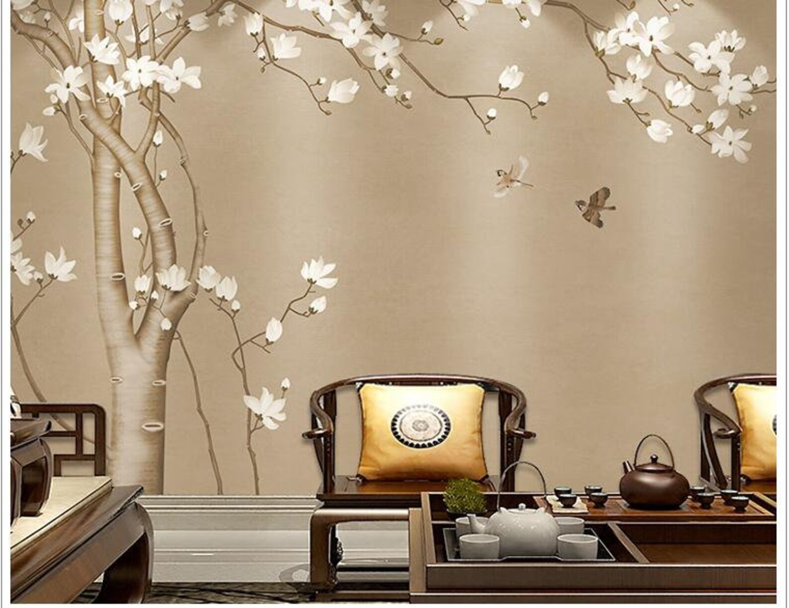 Magnolia Tree Wallpaper Mural: Hand-painted Brushwork, Birds - Etsy