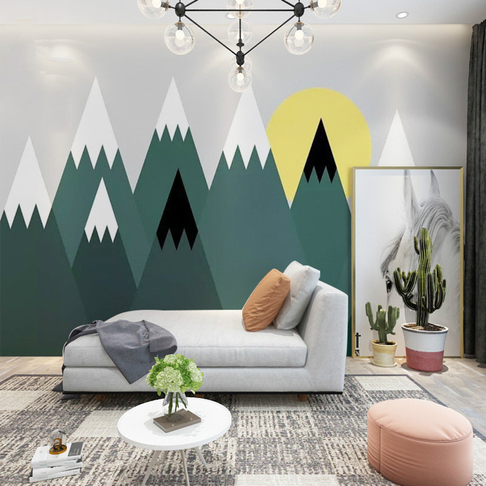 Hand Painted Geometric Mountains Wallpaper Wall Mural Green | Etsy