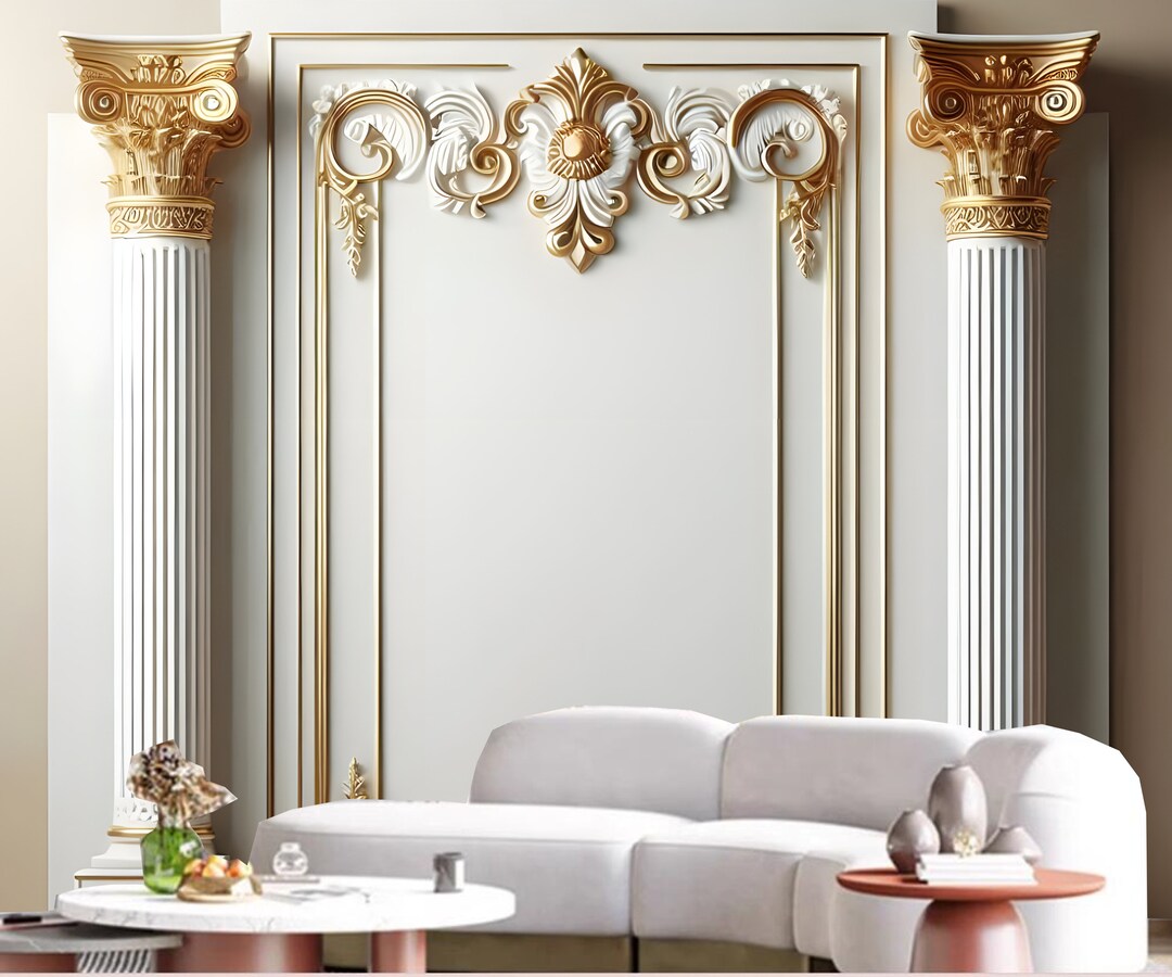 3D White Gold Framed Column Wallpaper, Classic Luxury Column Wall Mural ...