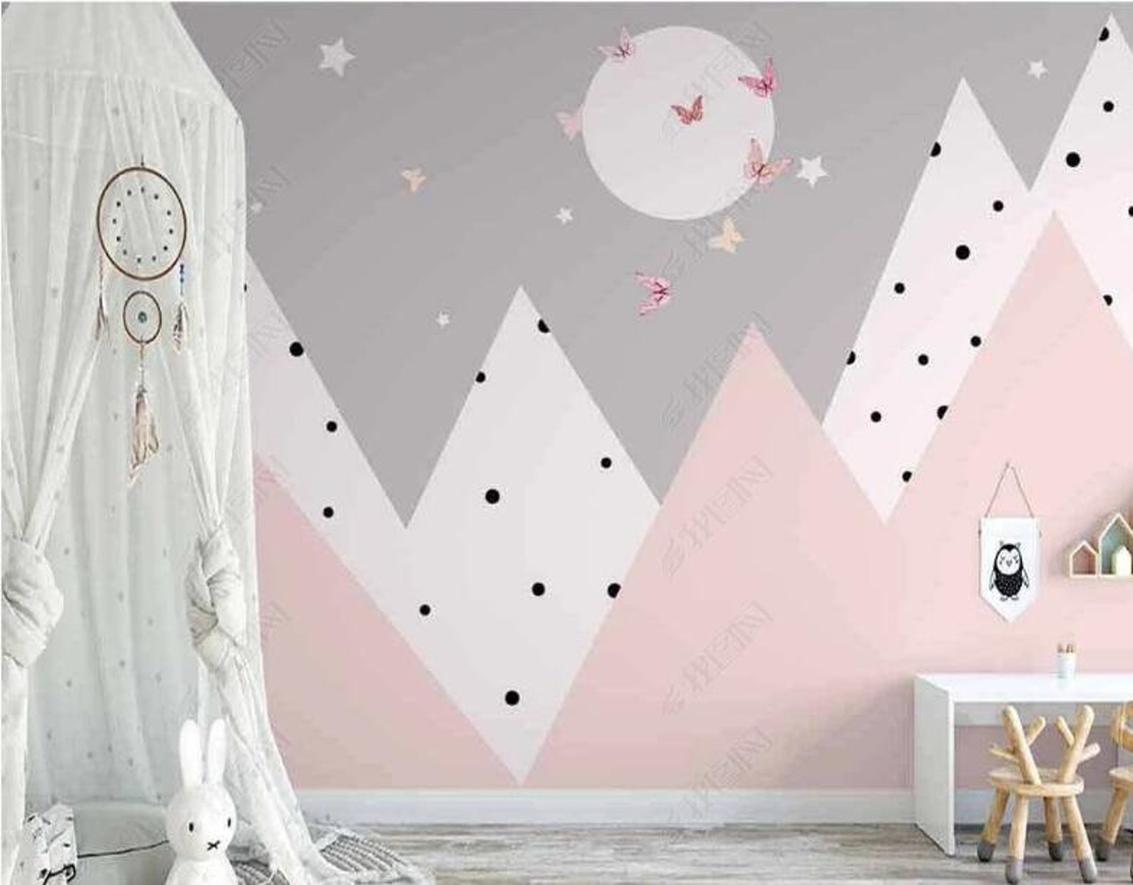 Pink and White Triangle Mountains Wallpaper Wall Mural Grey | Etsy