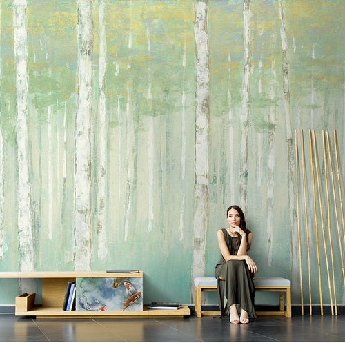 Oil Painting Abstract Birch Trees Wallpaper Wall Mural - Etsy