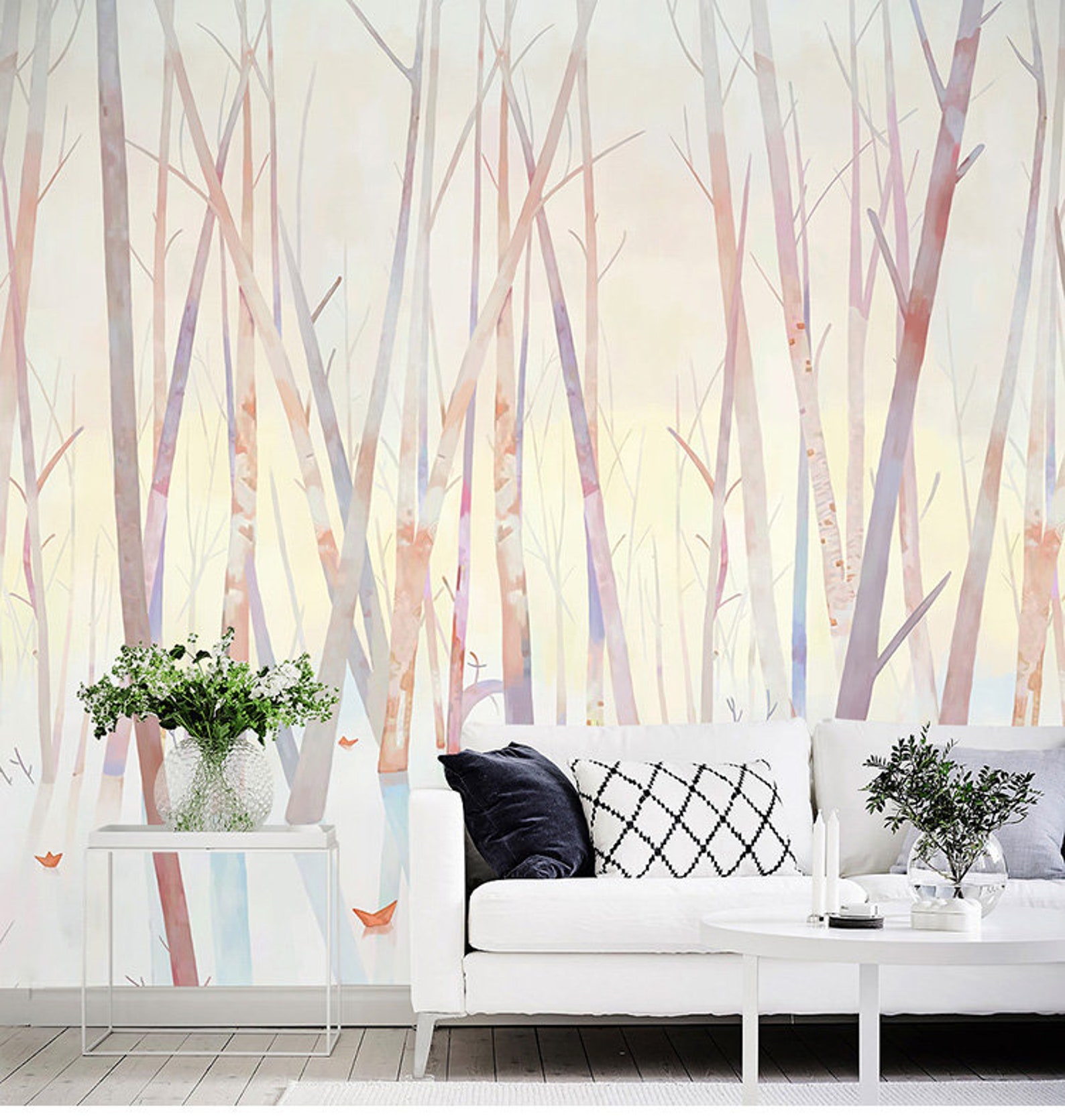 American Style Forests Wallpaper Wall Mural Watercolor Hand | Etsy
