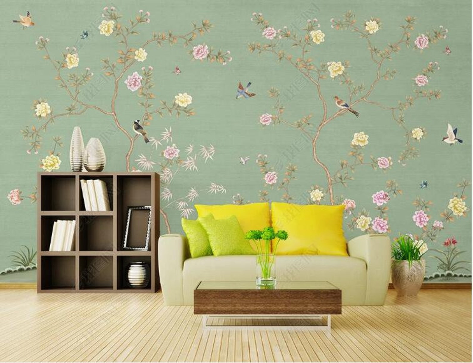 Fine Brushwork Chinoiserie Peony and Birds Wallpaper Wall - Etsy