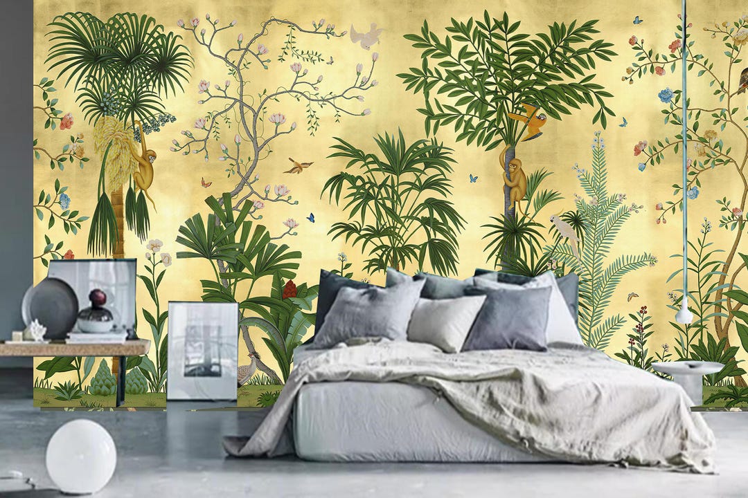 Gold Gilded Paper Chinoiserie Wallpaper, Flowers Trees Plants Animals ...