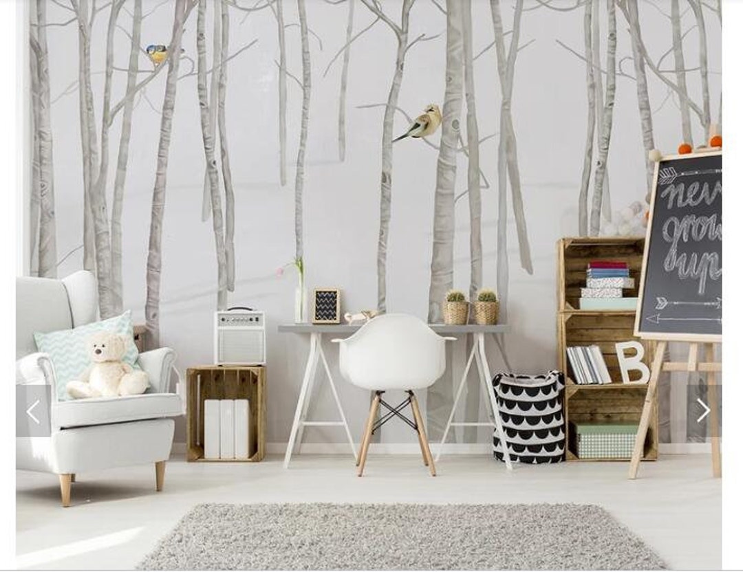 Hand Painted Several Trees Wallpaper Wall Mural, Grey Trees With Lovely ...