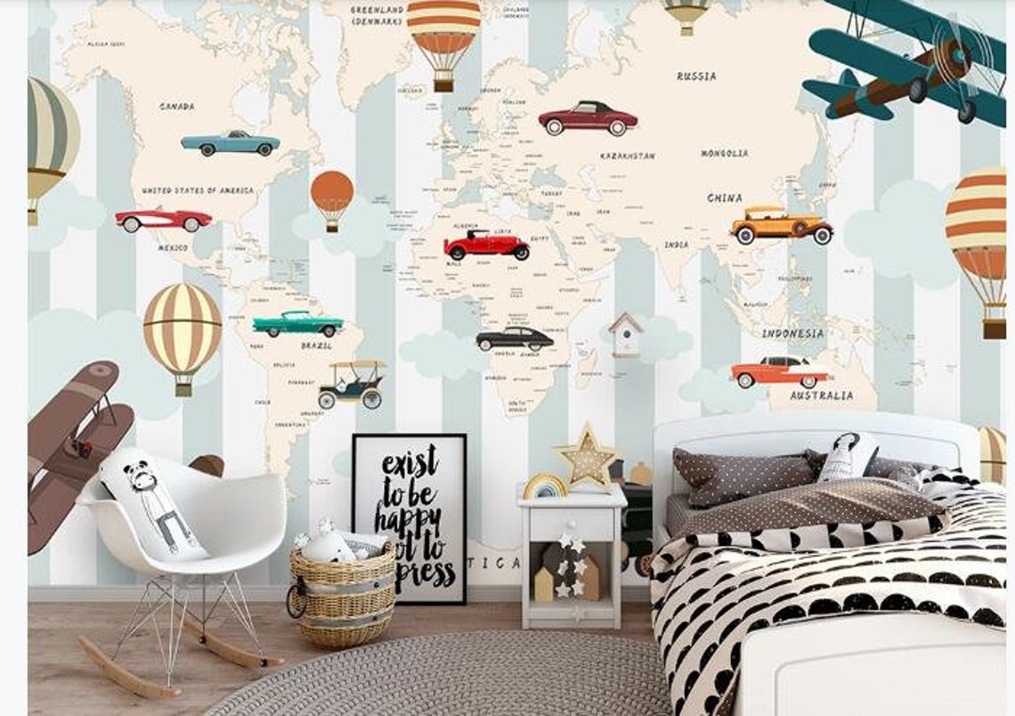 Lovely Cartoon World Map Nursery Wallpaper Wall Mural World - Etsy