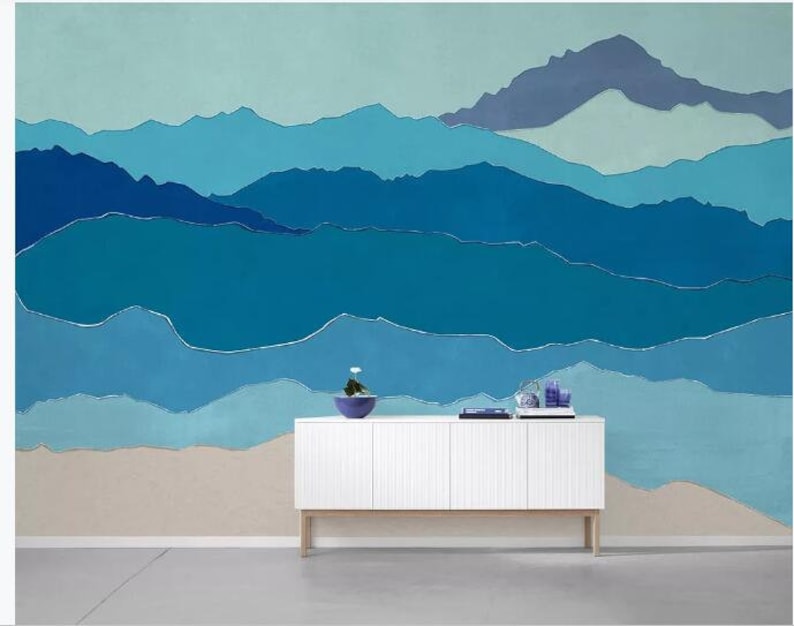 Blue Abstract Mountains Nursery Wallpaper Wall Mural Modern - Etsy