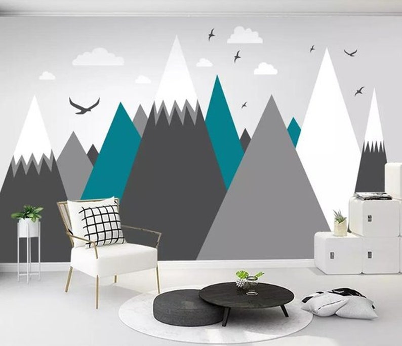 Hand Painted Geometric Mountains Wallpaper Wall Mural Grey - Etsy