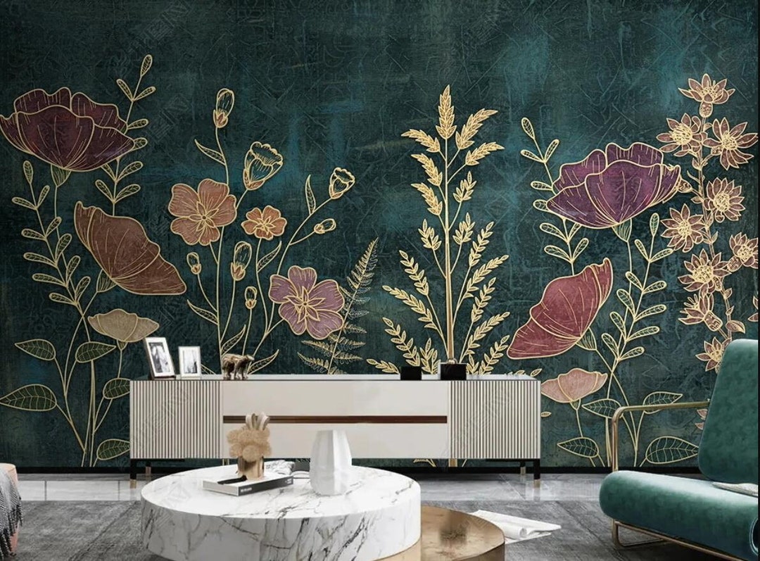 Emerald Green Background Golden Line Flowers Wall Mural, Flowers and ...