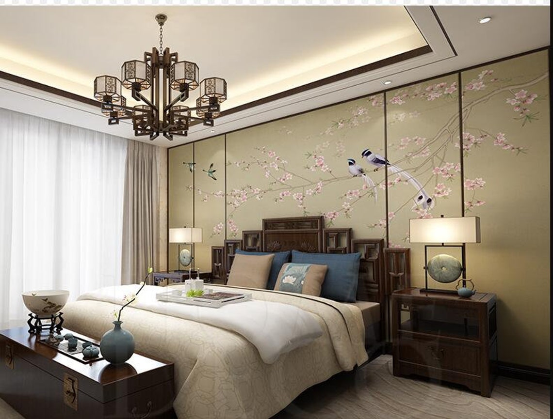 Fine Brushwork Cherry Blossom Flowers Birds Chinoiserie - Etsy