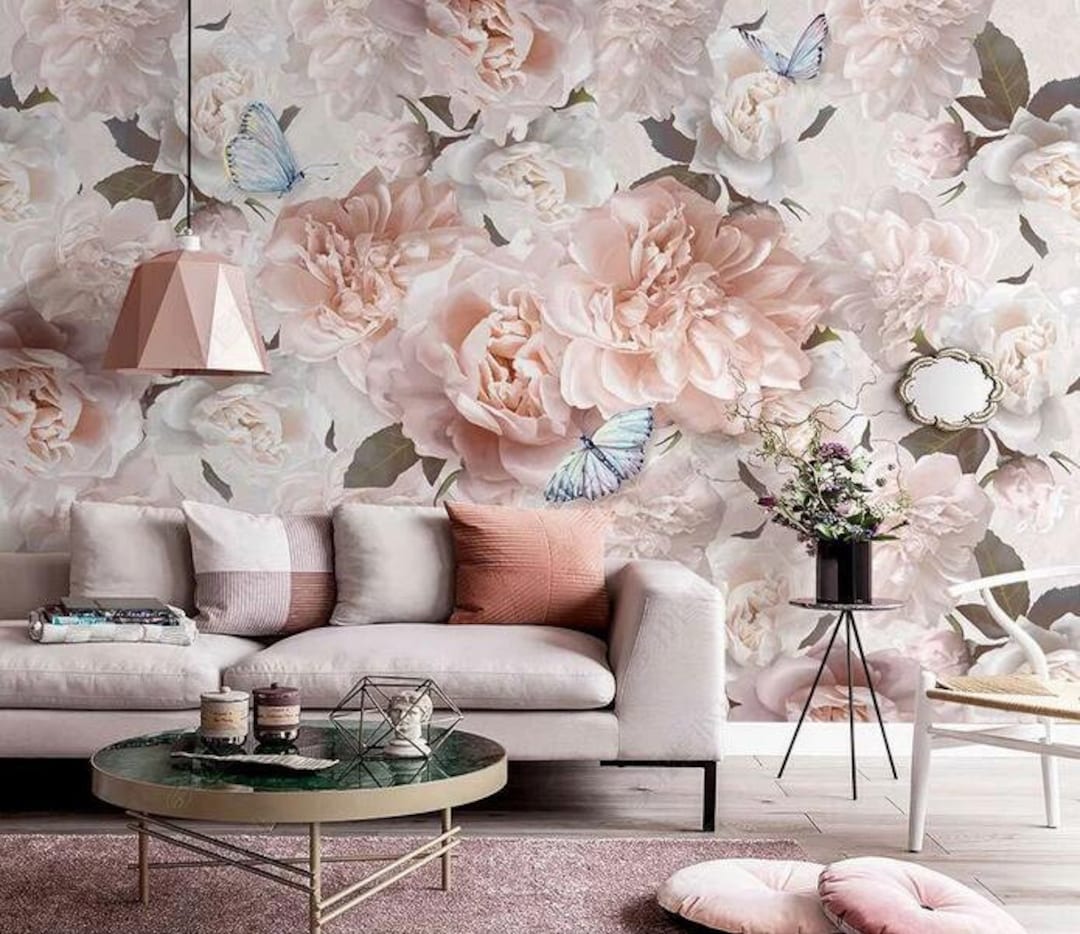 Florish Flowers Floral Wallpaper Wall Mural, Flowers With Butterflies ...
