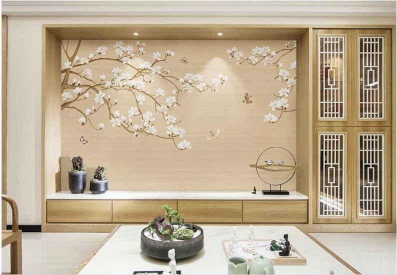 Cherry Blossoms Flowers Chinoiserie Wallpaper Wall Mural | Etsy