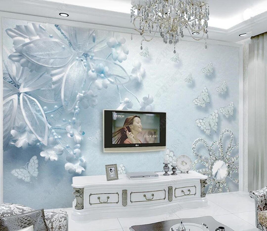 Blue Transparent Flowers Butterfly Flowers Wallpaper Wall Mural ...
