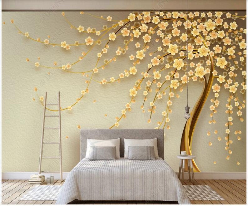 Simple Modern 3D Tree Branches With Leaves Wallpaper Wall - Etsy