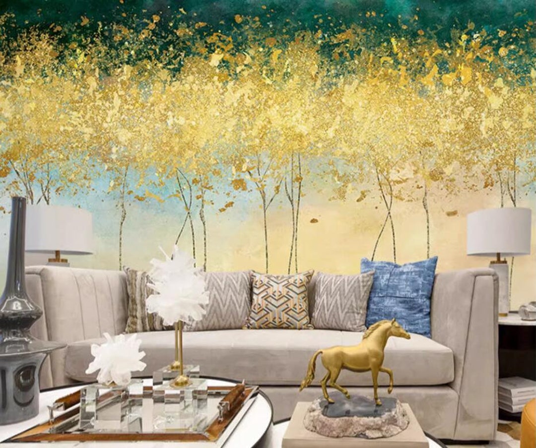 Oil Painting Autumn Gold Trees Wallpaper, Abstract Trees Forest Wall ...