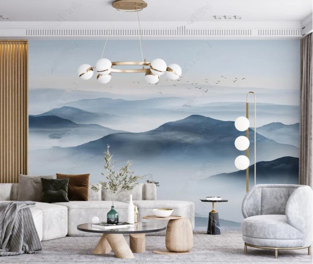 Misty Foggy Abstract Navy Blue Mountains Landscape Wallpaper - Etsy