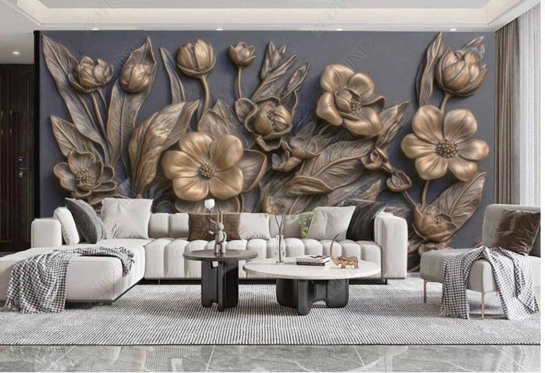 Original 3D Golden Flower Copper Relief TV Sofa Background Wall ...