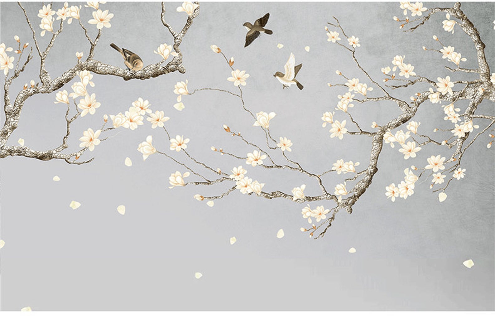 Fine Brushwork Flowers Blossom Magnolia & Birds Wallpaper Wall | Etsy