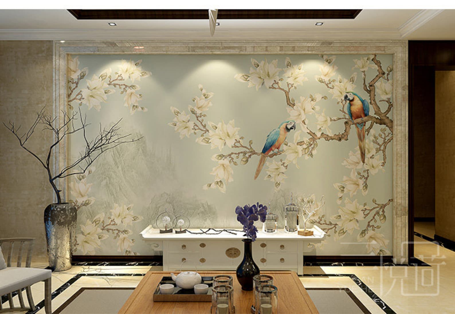 Fine Brushwork Magnolia Blossom Flowers Birds Chinoiserie - Etsy