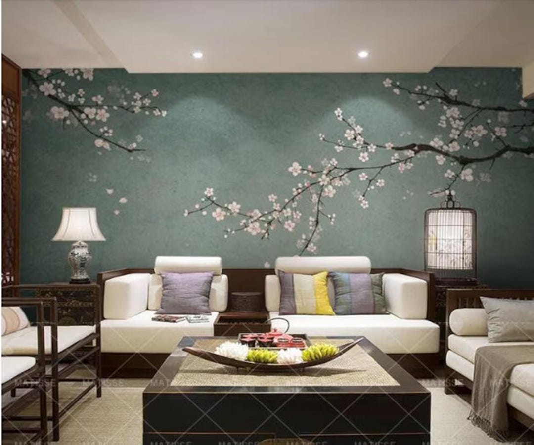 Cherry Blossom Chinoiserie Wallpaper Mural: Fine Brushwork Spring ...