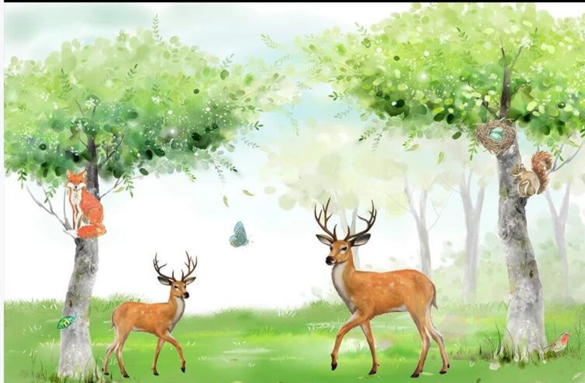 Lovely Cartoon Two Trees Nursery Wallpaper Wall Mural Green - Etsy