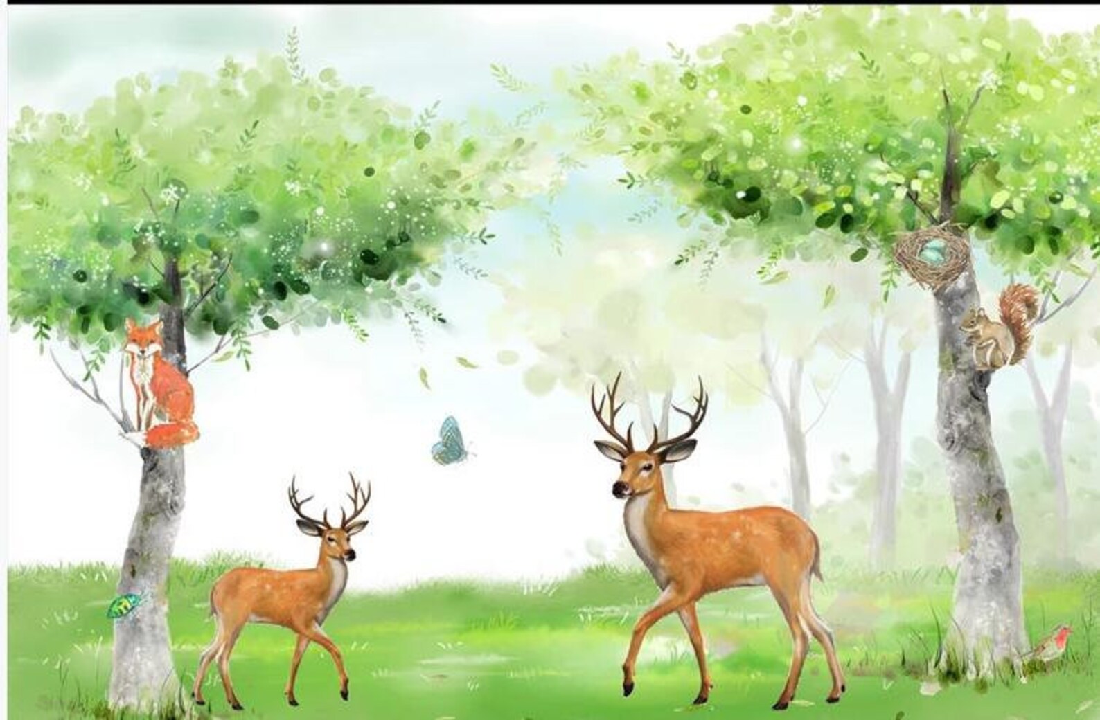 Lovely Cartoon Two Trees Nursery Wallpaper Wall Mural Green - Etsy