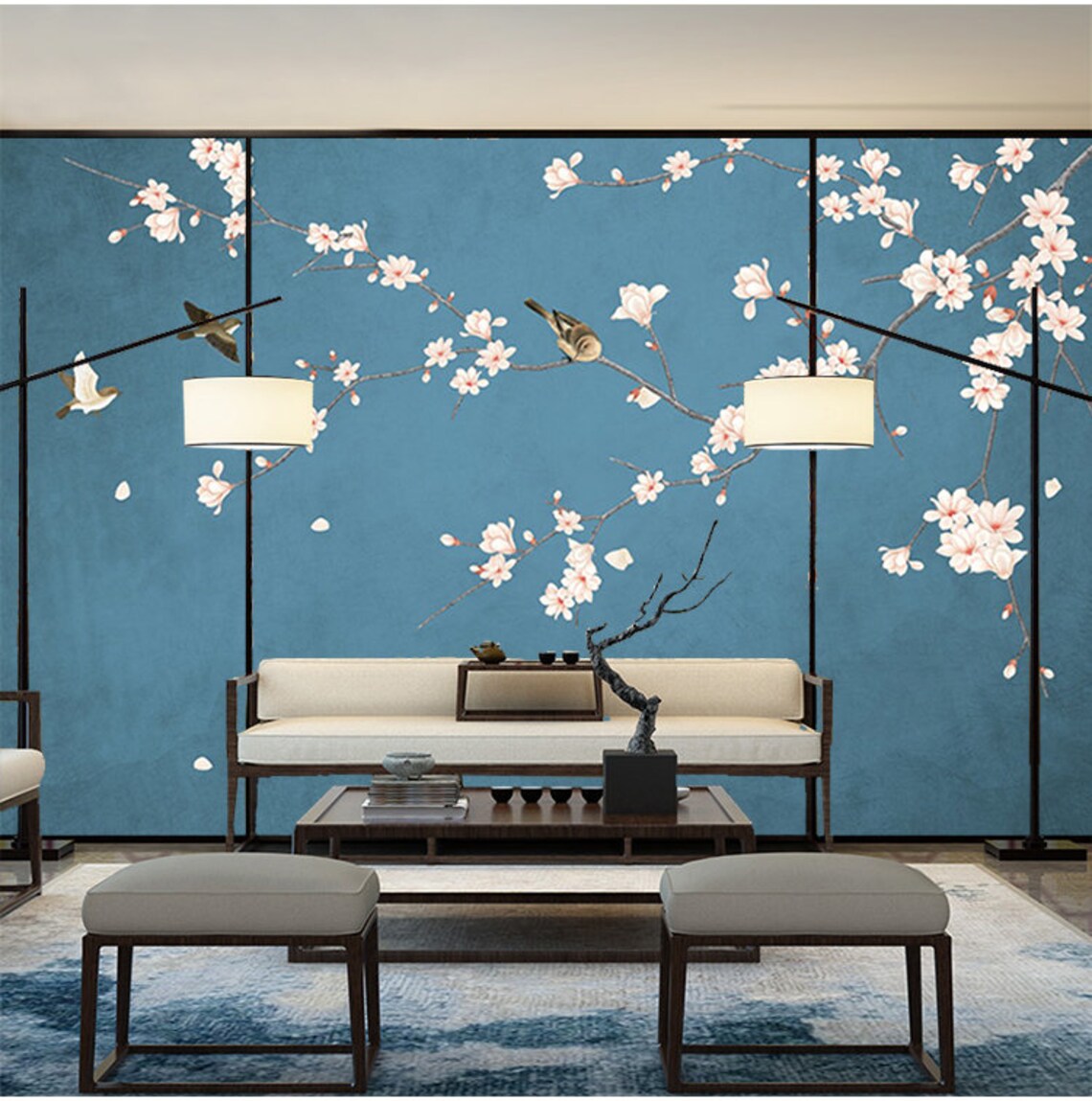 Fine Brushwork Flowers Blossom Magnolia & Birds Wallpaper Wall - Etsy