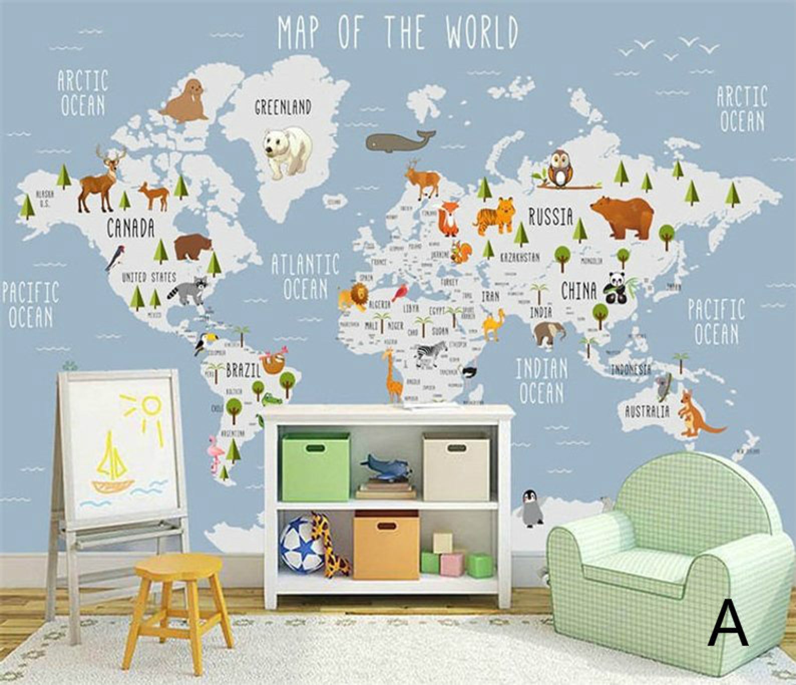 Kids World Map Wallpaper Wall Murals Animals Kids Children - Etsy