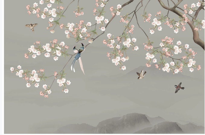 Fine Brush Work Chinoiserie Cherry Tree Wallpaper Wall - Etsy UK