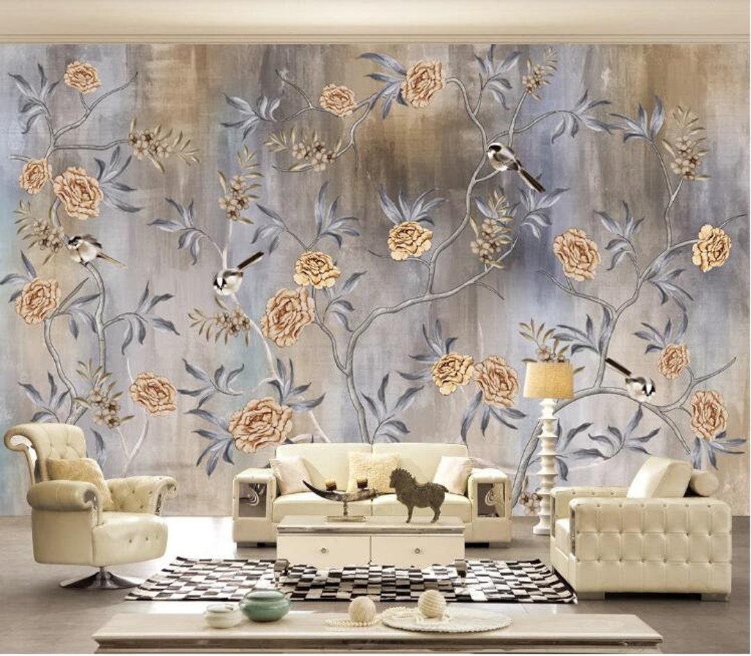 Retro Shabby Fine Brushwork Cherry Blossom Chinoiserie Wallpaper Wall ...
