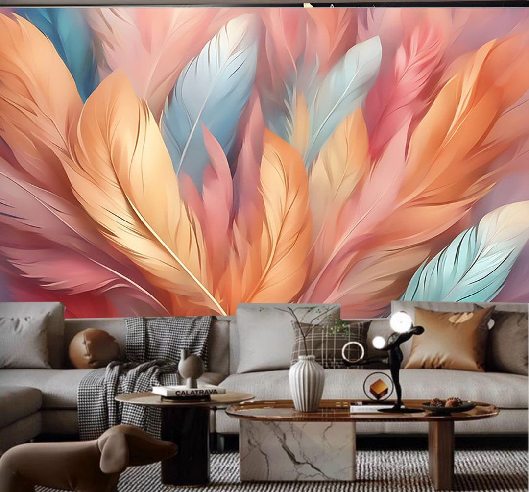 Colorful Feathers Wallpaper Feathers Painting Wall Mural - Etsy