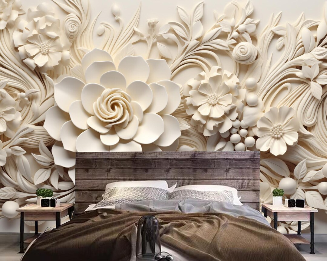 Ivory Background High Quality 3D Plaster Flowers Wallpaper, Plaster ...