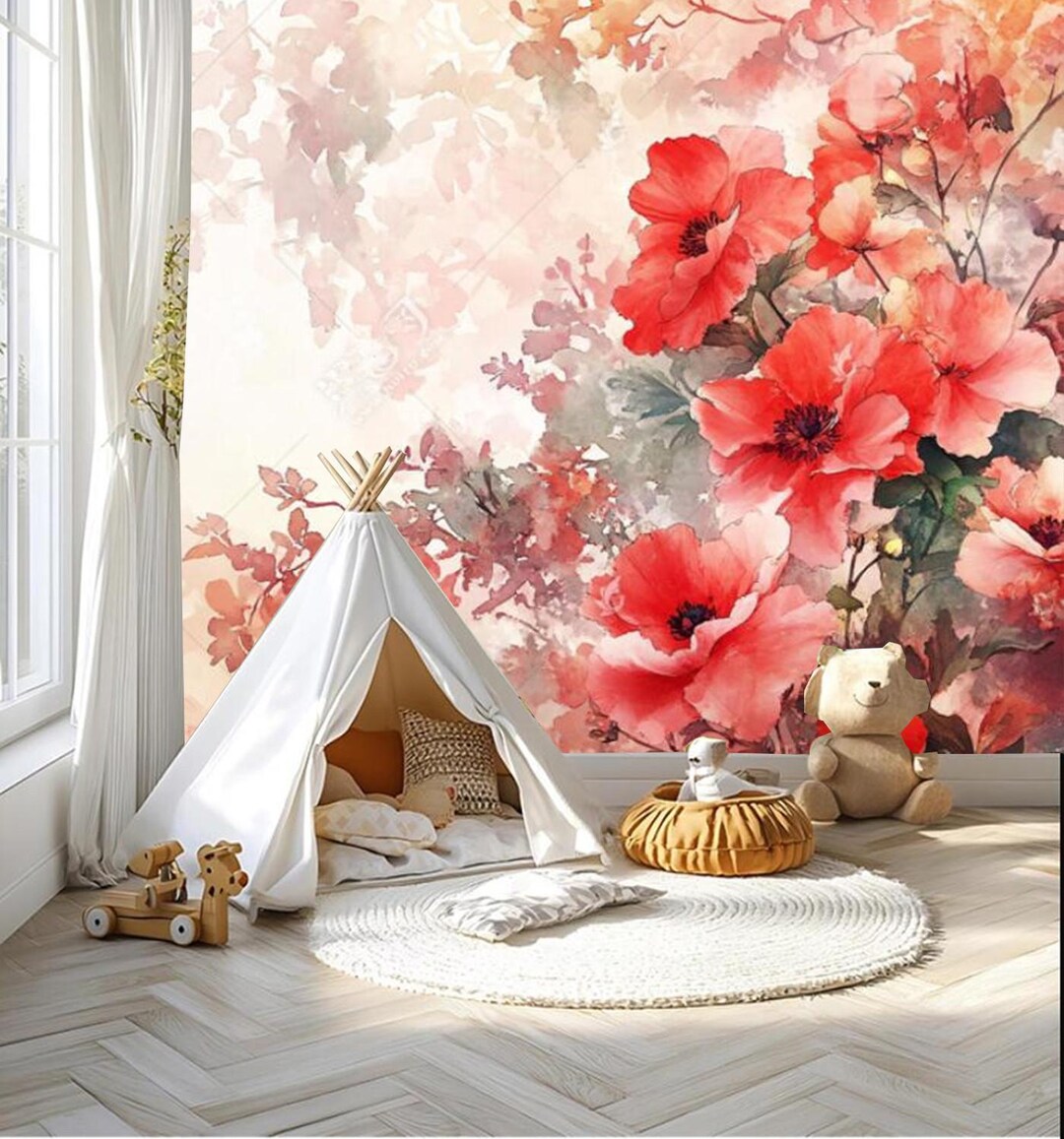 Watercolor Red Flowers Floral Wallpaper, Nursery Red Flowers Wall Mural ...