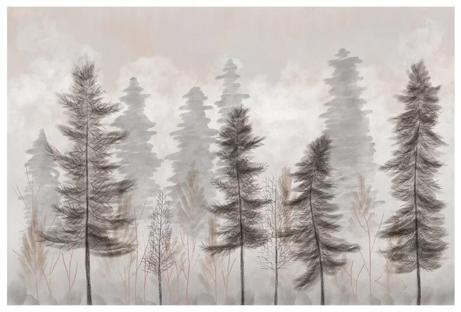 Grey Ink Pine Trees Wallpaper Wall Mural Abstract Pine Trees - Etsy