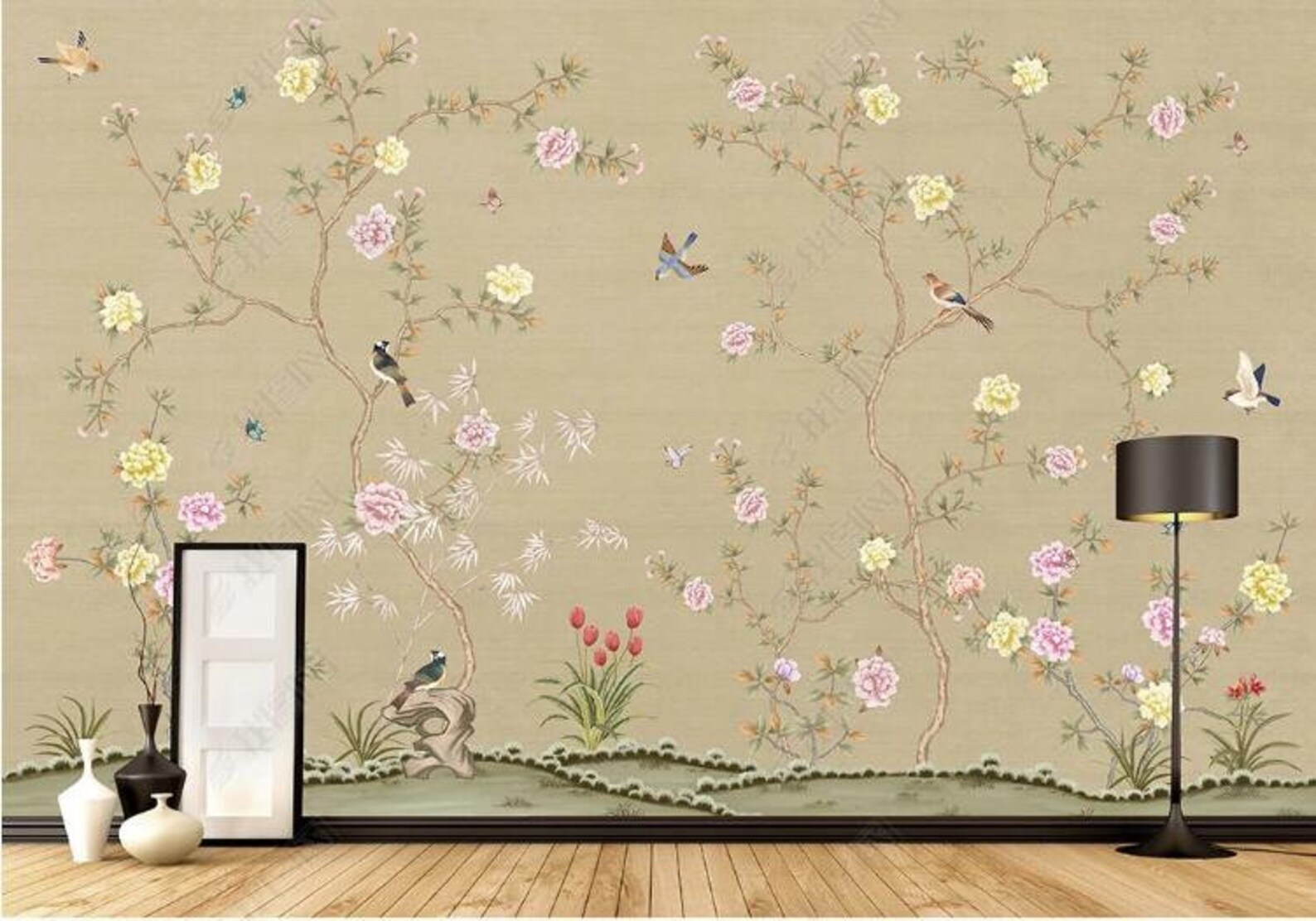 Fine Brushwork Chinoiserie Peony and Birds Wallpaper Wall - Etsy