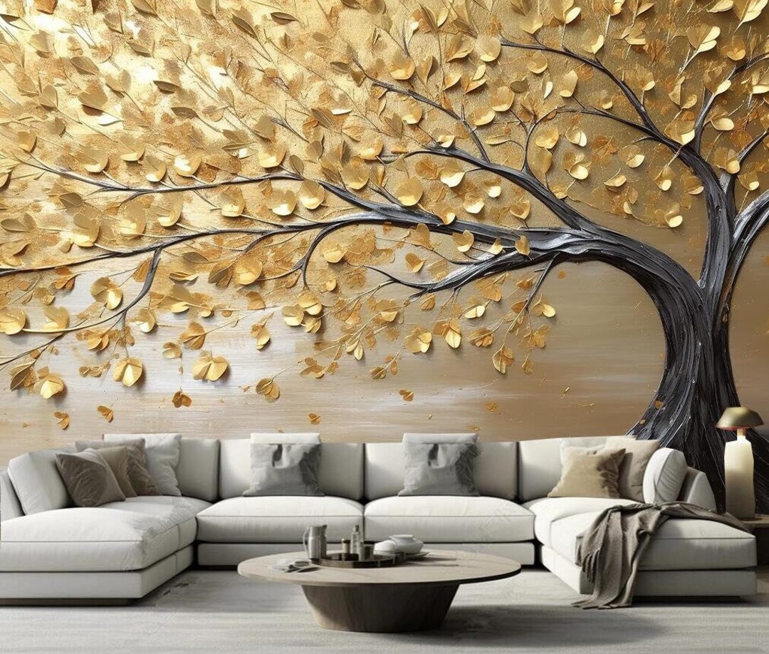 Abstract Gold Leaf Forest Tree Wallpaper Wall Mural, Oil Painting ...