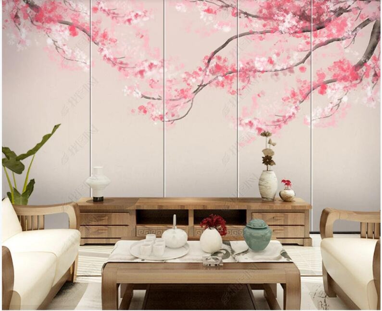 Hanging Ink Cherry Blossom Chinoiserie Wallpaper Wall Mural | Etsy
