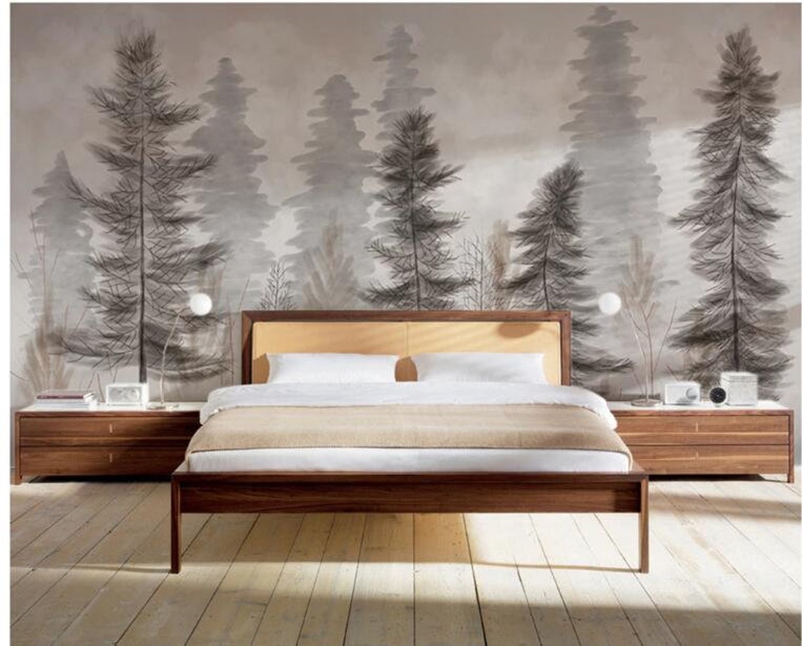 Grey Ink Pine Trees Wallpaper Wall Mural Abstract Pine Trees - Etsy
