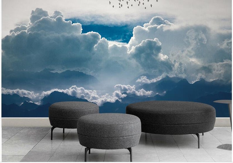 Hand Painted Blue Sky Clouds Wallpaper Wall Mural Beautiful | Etsy