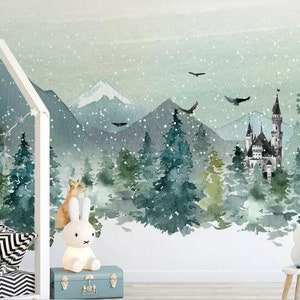 Hand Painted Castle Forest Animal Mountains Wallpaper Wall - Etsy